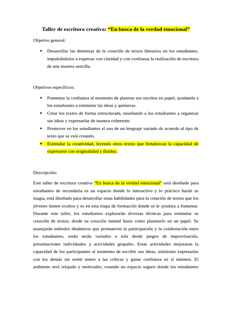 Taller de Escritura Creativa para Jóvenes | PDF | Aprendizaje | Creatividad