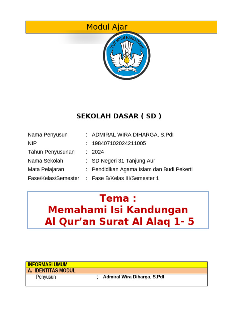 Modul Ajar Kelas 3 Bab 1 Memahami Pesan Pesan Pokok Surat Al Alaq 1 Sampai 5 | PDF