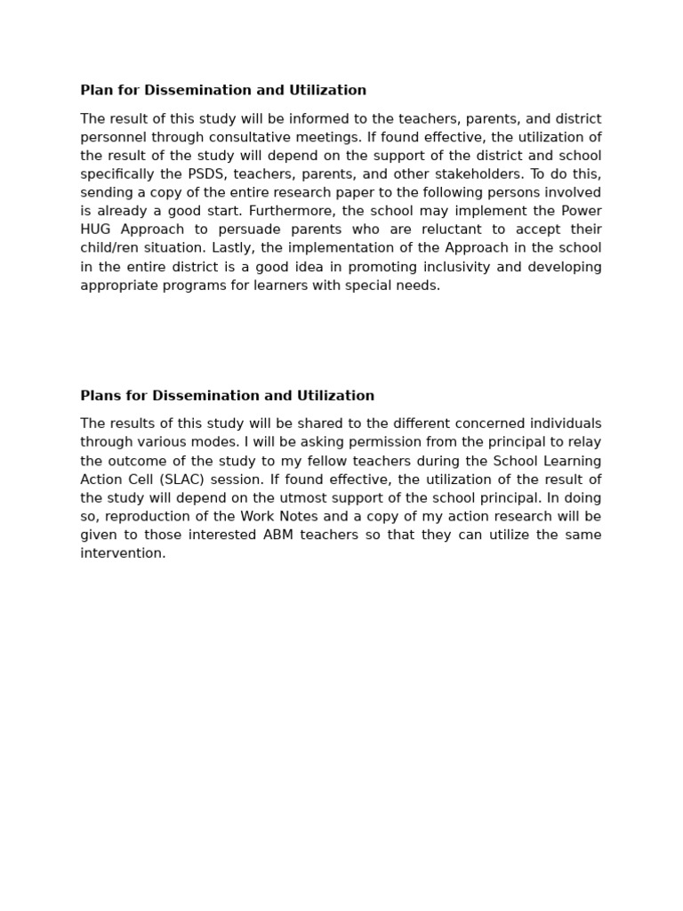 Plan For Dissemination and Utilization | PDF | Wellness