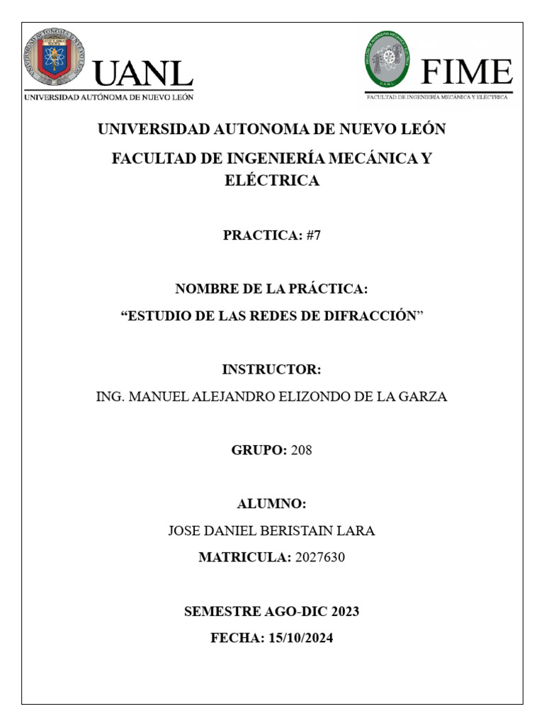 PRACTICA 7 LAB DE FISICA 4 | PDF | Difracción | Ligero PRACTICA 7 LAB DE FISICA 4 | PDF | Difracción | Ligero