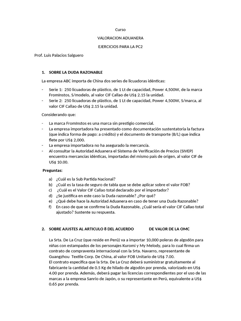 Ejercicios para La Pc2 de Va | PDF | aduana | Comercio
