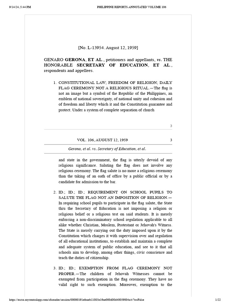 Flag Salute Case: Gerona vs. Education | PDF