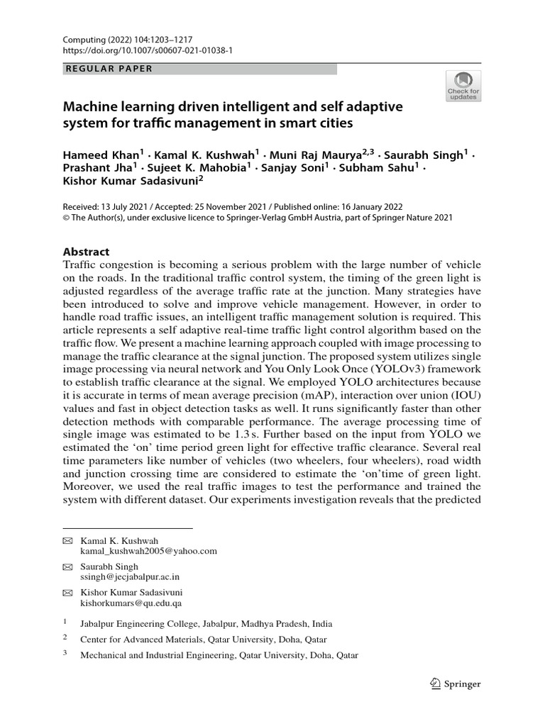 Machine Learning Driven Intelligent and Self Adaptive System For Traffic Management in Smart ...