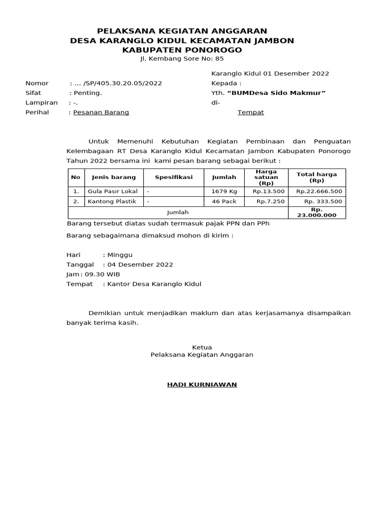 Contoh Surat Pesanan Barang, Bast, BPK Suwandi | PDF