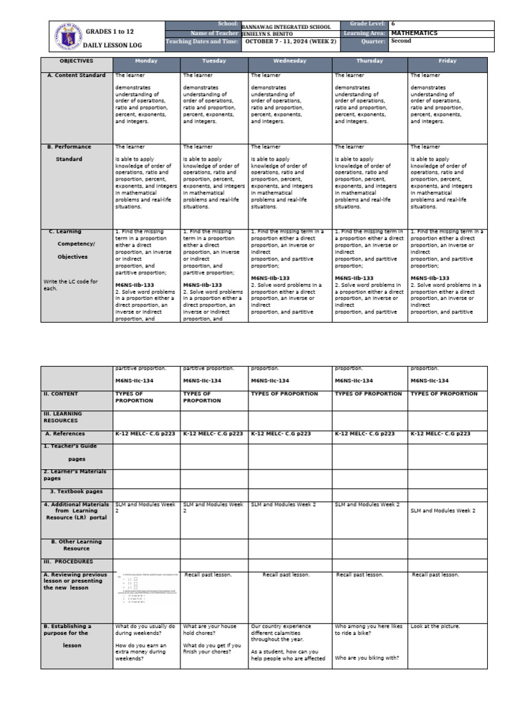 DLL - Mathematics 6 - Q2 - W2 | PDF | Ratio | Learning