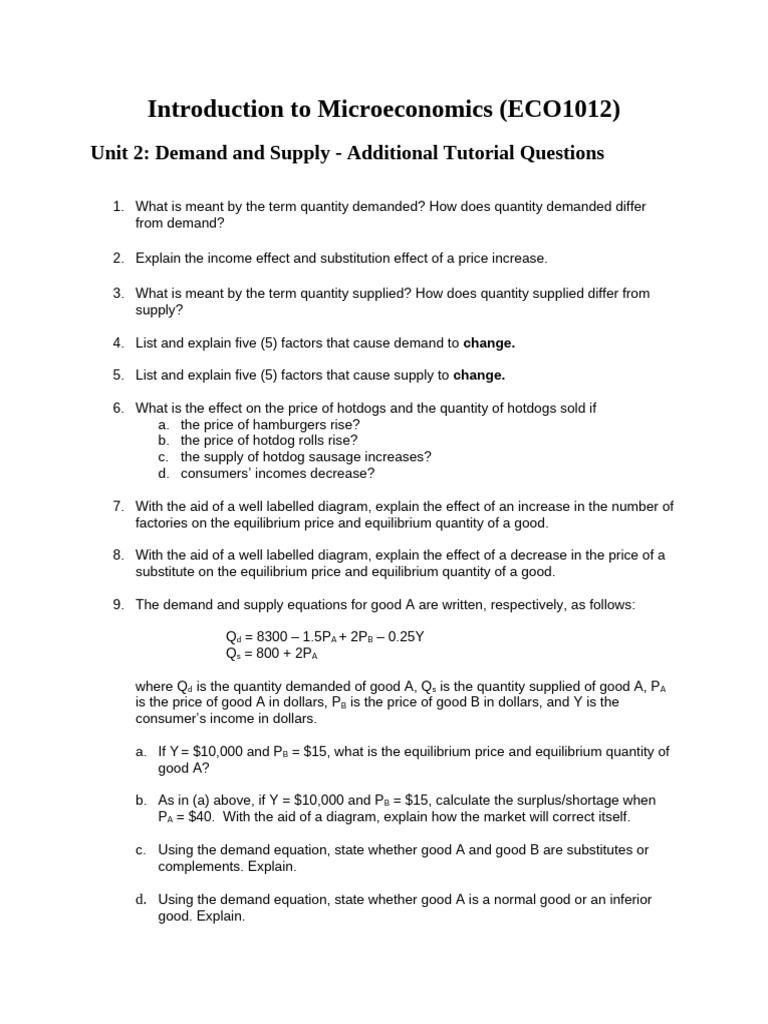 Microeconomics: Demand & Supply Tutorial Questions | PDF