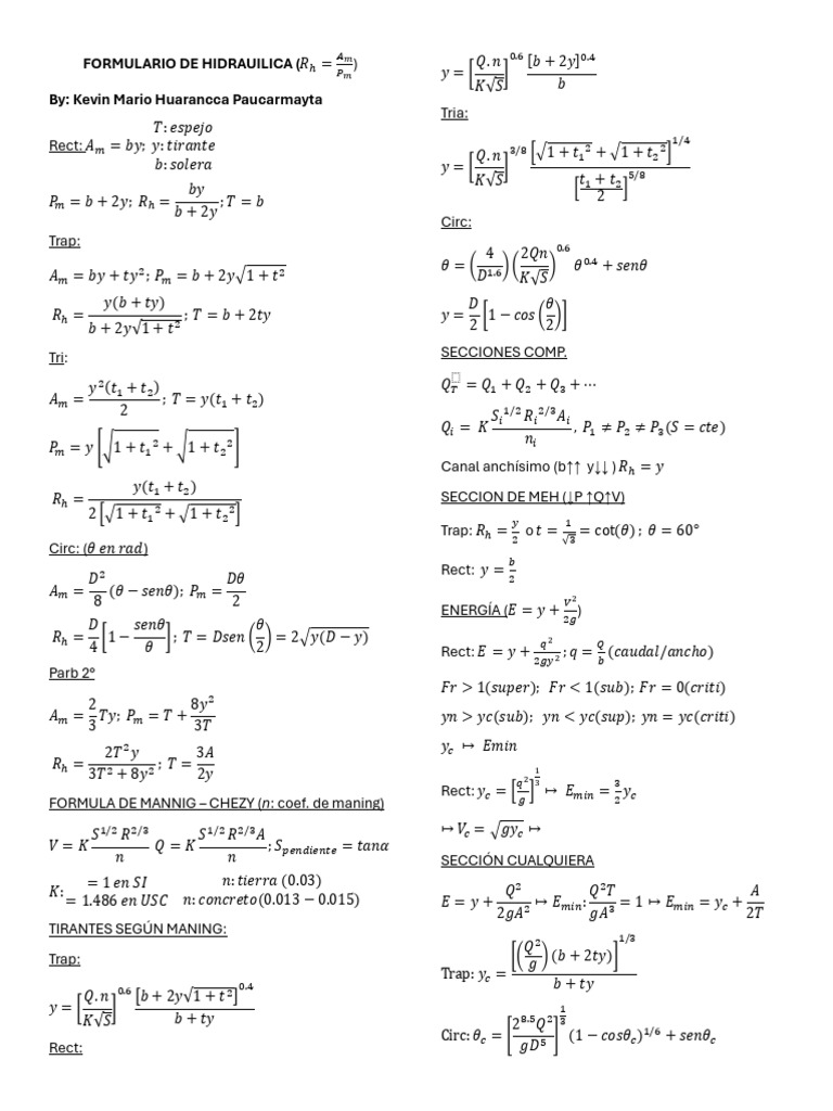 Formulario de Hidrauilica General | PDF