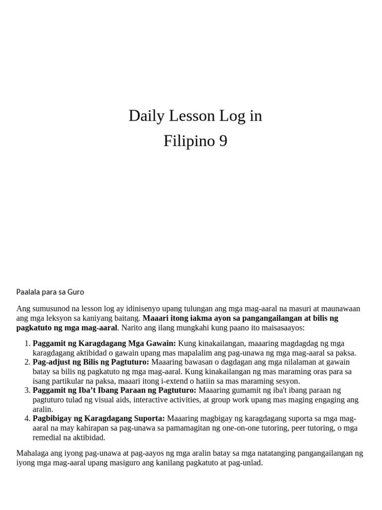 DLL - FILIPINO - 9 - Q1 Week 6 | PDF