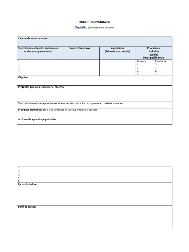 Formato Proyecto comunitario | PDF | Evaluación | Aprendizaje