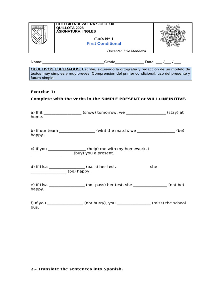 GUÍA 1 FIRST CONDITIONAL PRIMERO MEDIO ok | PDF