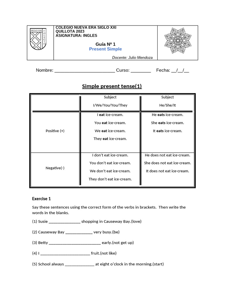 GUÍA 1 Present Simple Segundo Medio | PDF | Subject (Grammar) | Language Families