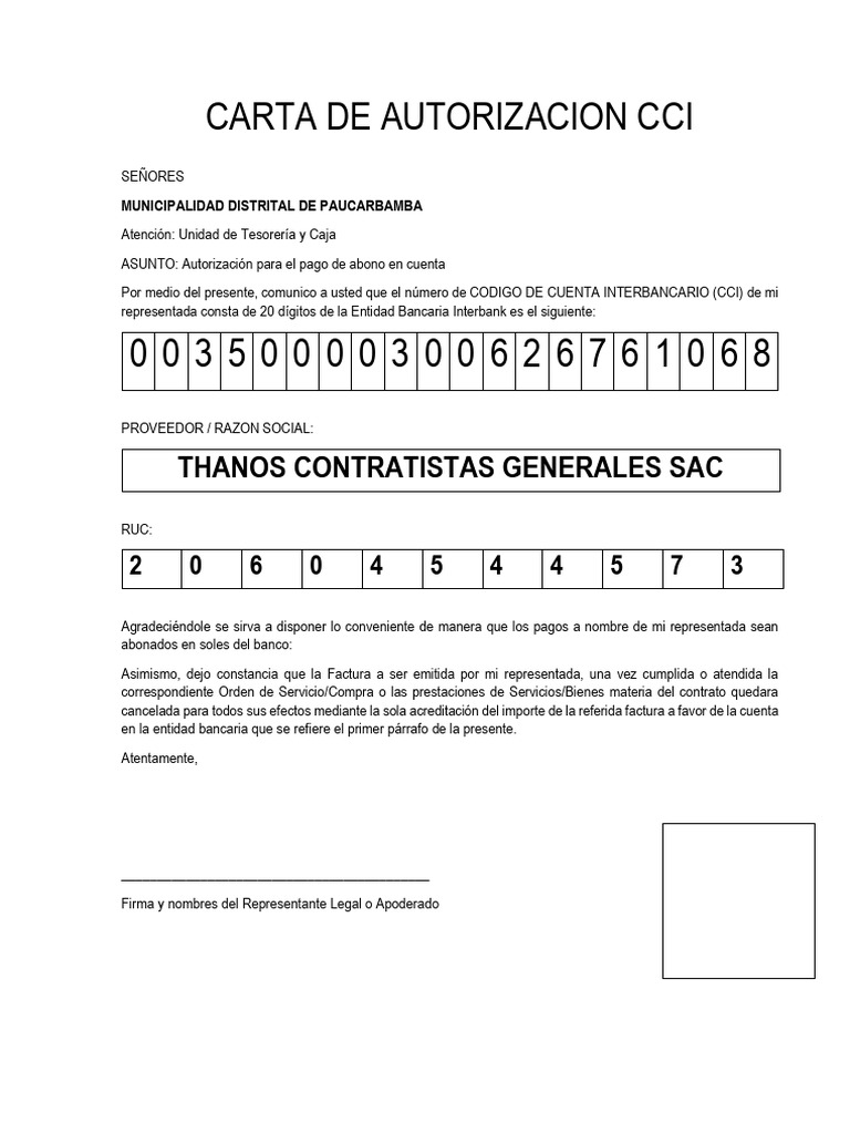 Carta de Autorizacion Cci | PDF | Negocios | Finanzas y dinero
