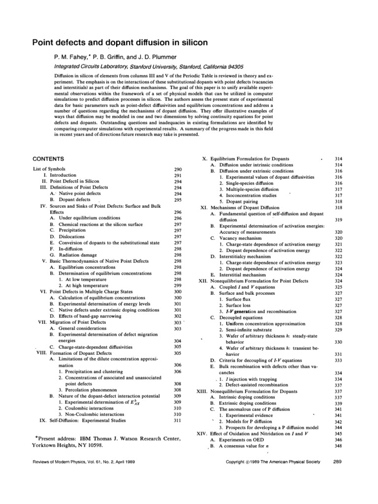 Point Defects and Dopant Diffusion in Silicon | PDF | Doping (Semiconductor) | Diffusion