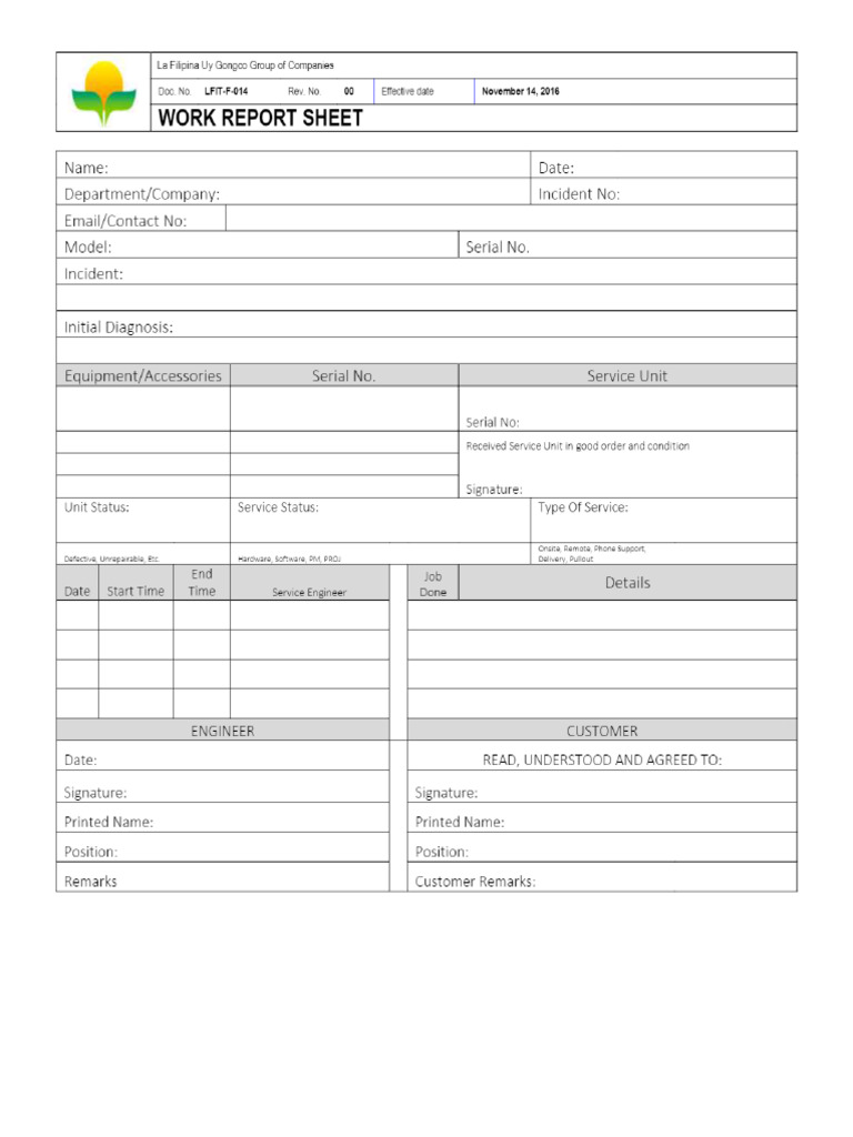 LFIT-F-014 Rev 00 Work Report Sheet | PDF