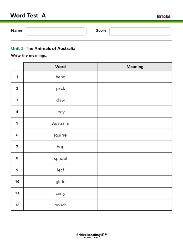 Bricks Reading 80 Nonfiction - L1 - Word Test A | PDF