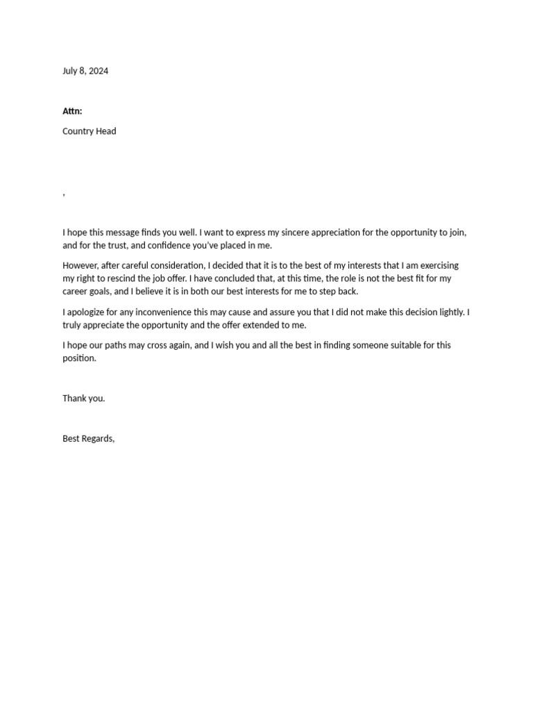 Job Offer Rescission Letter Sample | PDF | Career & Growth | Self ...