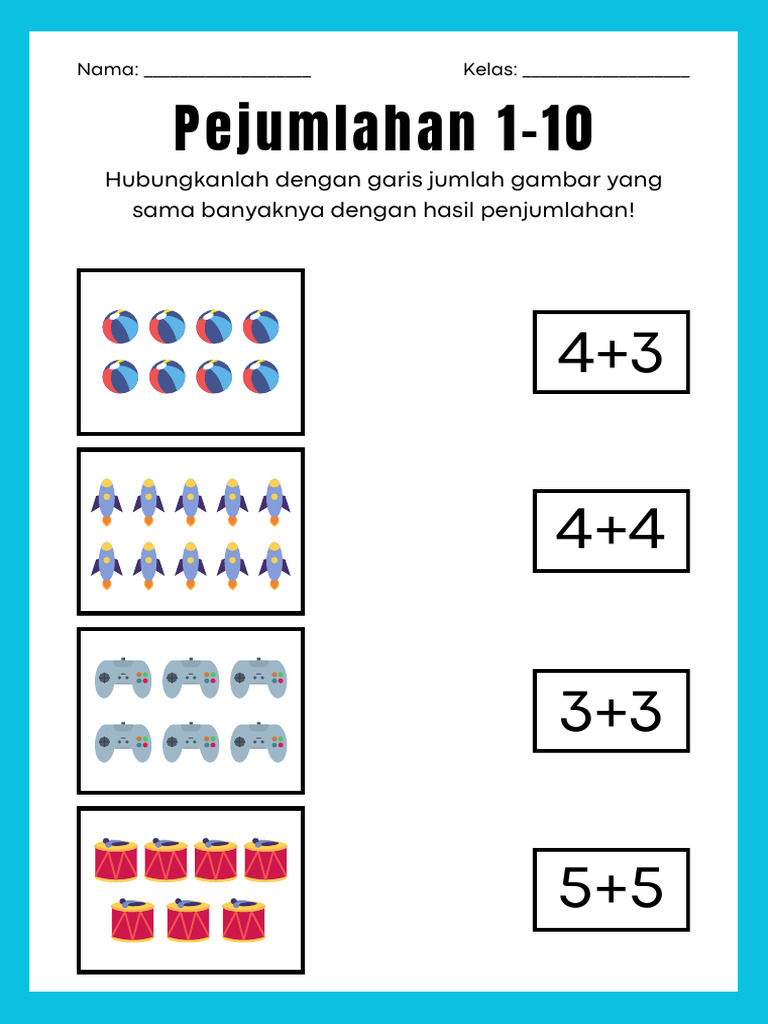 Penjumlahan 1-10 Lembar Kerja Biru Pitih Ilustrasi | PDF