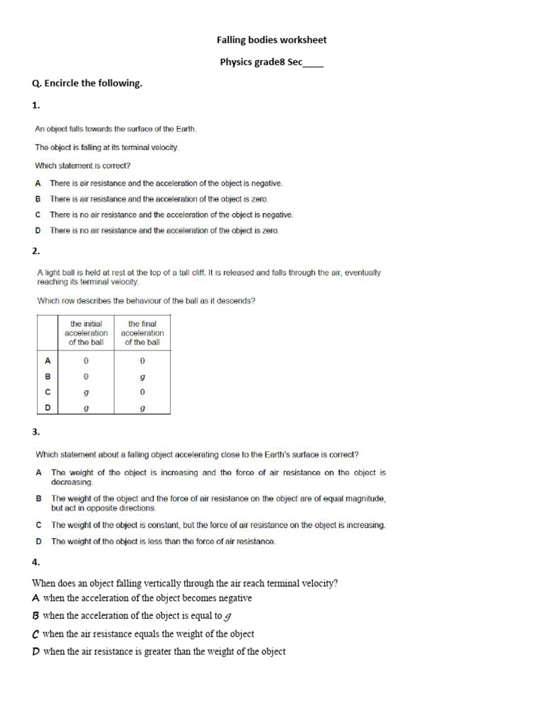 Falling Bodies Worksheet Physics Grade8 Sec - Q. Encircle The Following ...