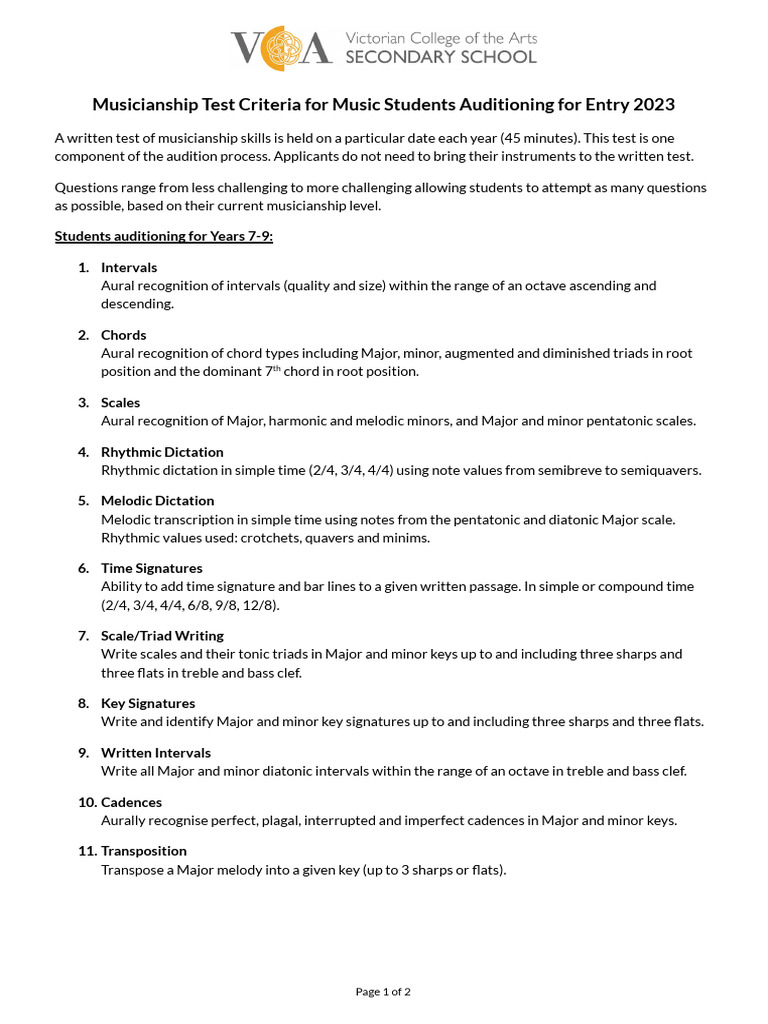 Vcass Musicianship Test Criteria For 2023 Intake | PDF | Minor Scale ...