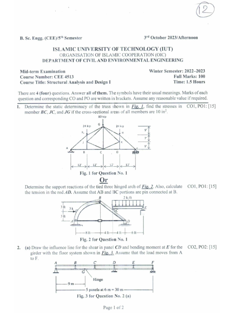 CEE 4513 (Structural Analysis & Design I) Mid Questions | PDF