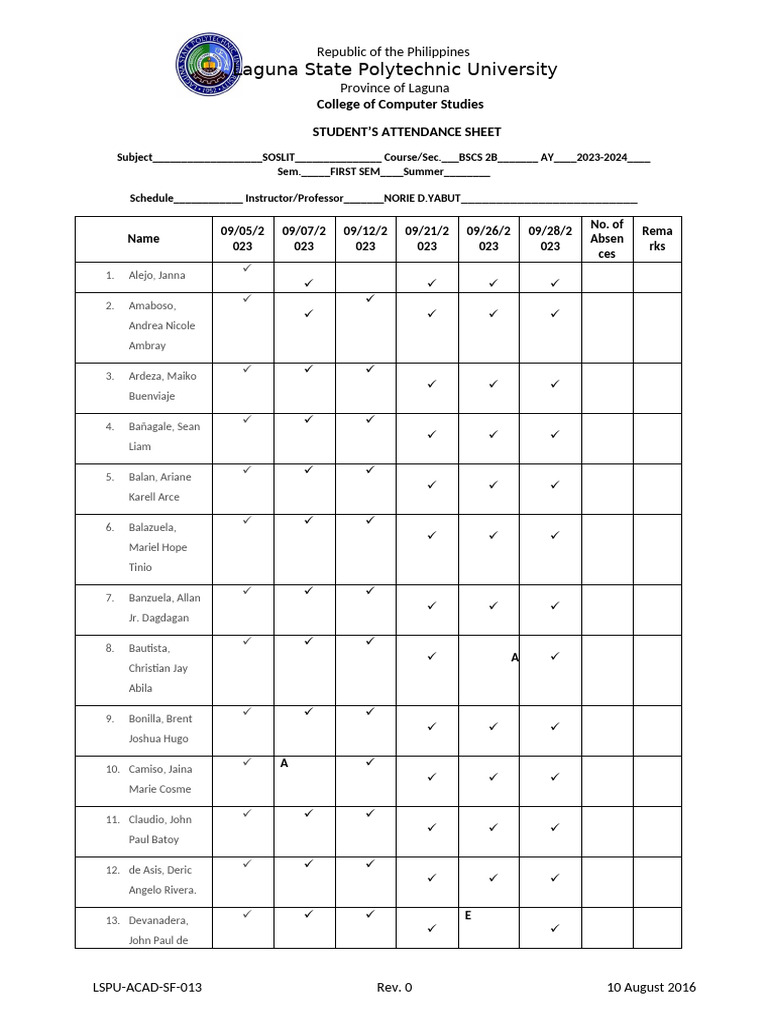 Lspu Attendance BSCS 2B | PDF