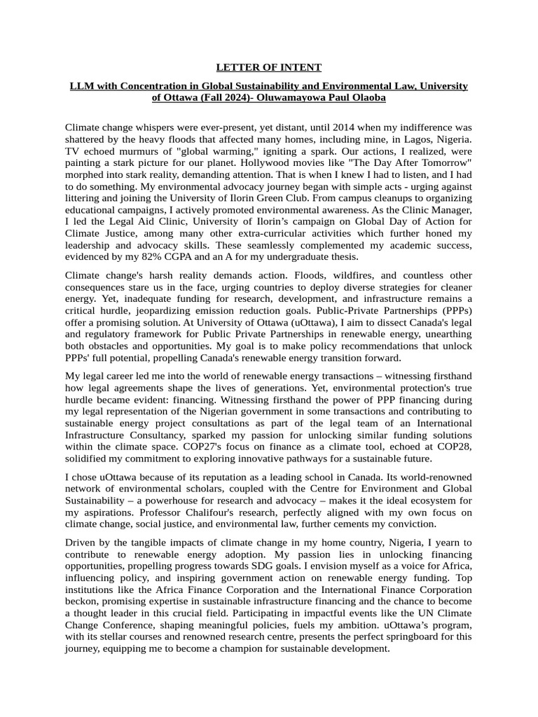 STATEMENT OF INTENT - UOttawa | PDF | Sustainability | Climate Change