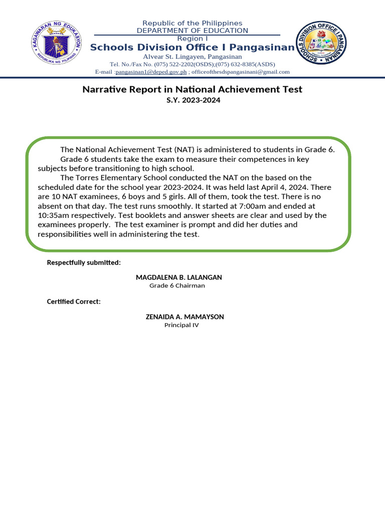 Narrative Report in NAT 2023-2024 | PDF | Behavior Modification | Learning