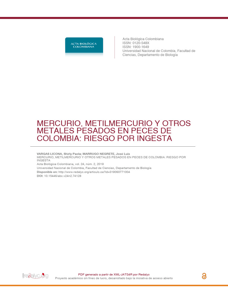 Mercurio, Metilmercurio y Otros Metales Pesados en Peces de Colombia ...