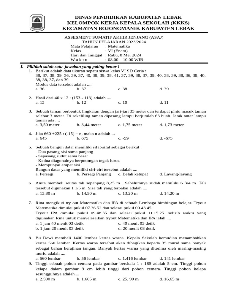 Soal Asaj Matematika Kelas Vi | PDF | Griya & Taman | Seni