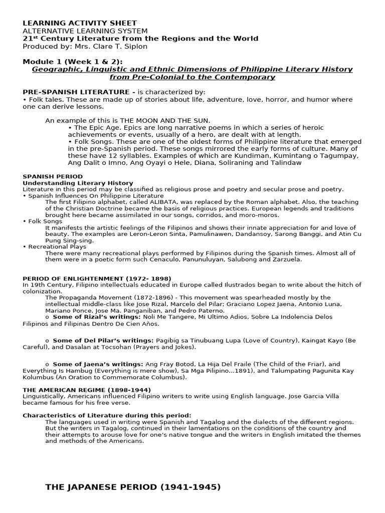 Q1 Module 1 week 1 & 2-PERIODS OF LITEARTURE | PDF | Philippines | Poetry