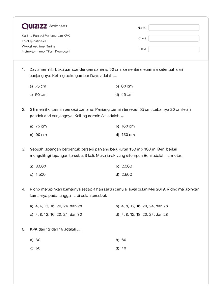 Quizizz - Keliling Persegi Panjang Dan KPK | PDF | Griya & Taman
