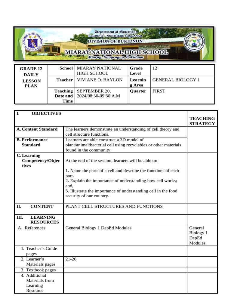 GEN BIO 1 Lesson Plan- for COT | PDF | Learning | Cognition