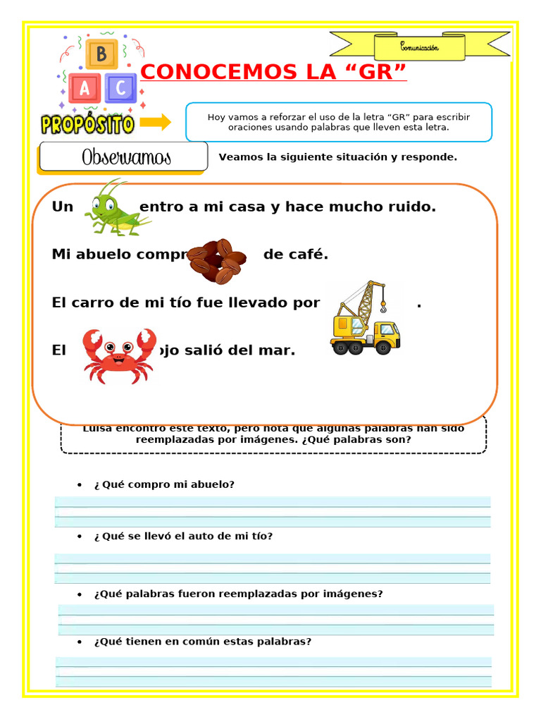 Oraciones con "GR" y cangrejo para niños | PDF