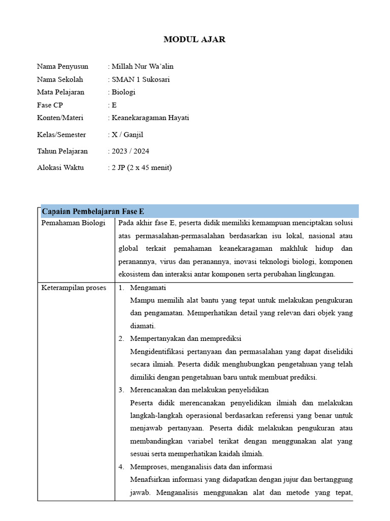 Perangkat Pembelajaran - Millah Nur Wa'alin - 22002912038 | PDF
