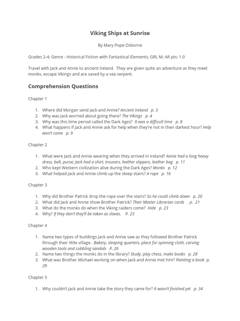 Viking Ships at Sunrise - Comprehension Questions with Answer | PDF