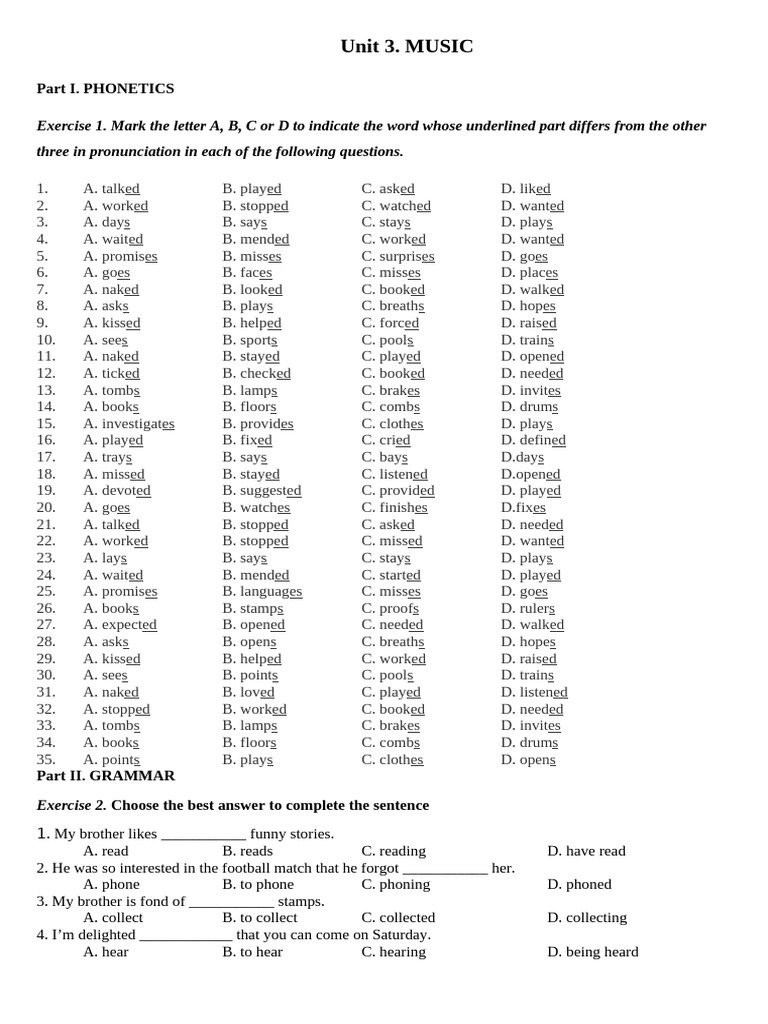 Exercises For Unit 3 Lop 10 Thi Diem | PDF