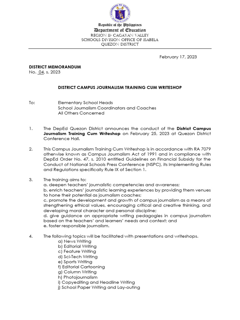 District Memo Training Cum Writeshop Campus Journalism Final | PDF ...