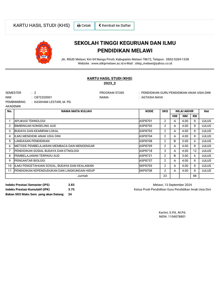 Kartu Hasil Studi (KHS) | PDF