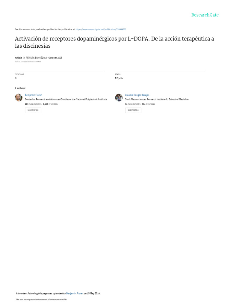 Activacion de Receptores Dopaminergicos Por L-DOPA | PDF | Dopamina | Enfermedad de Parkinson