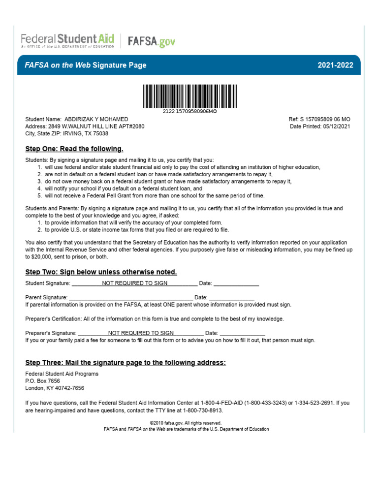 Signature Page - FAFSA On The Web - Federal Stude | PDF | Student Loan | Student Financial Aid ...