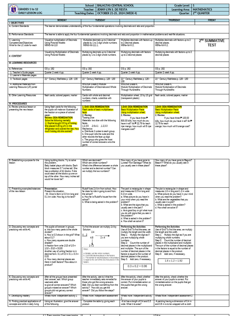 Mathematics-5 q2 w4-Dll | PDF | Multiplication | Numbers