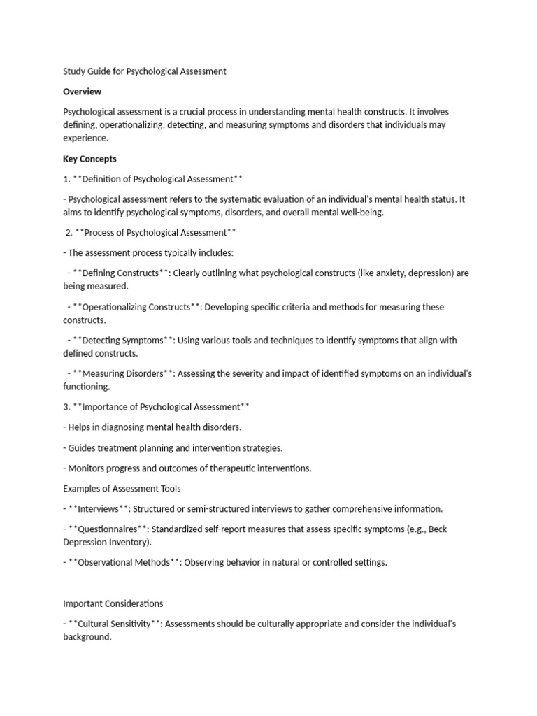 Study Guide For Psychological Assessment | PDF