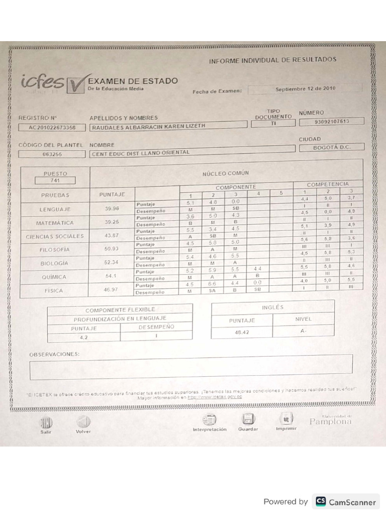 Resultados Pruebas Icfes Karen | PDF