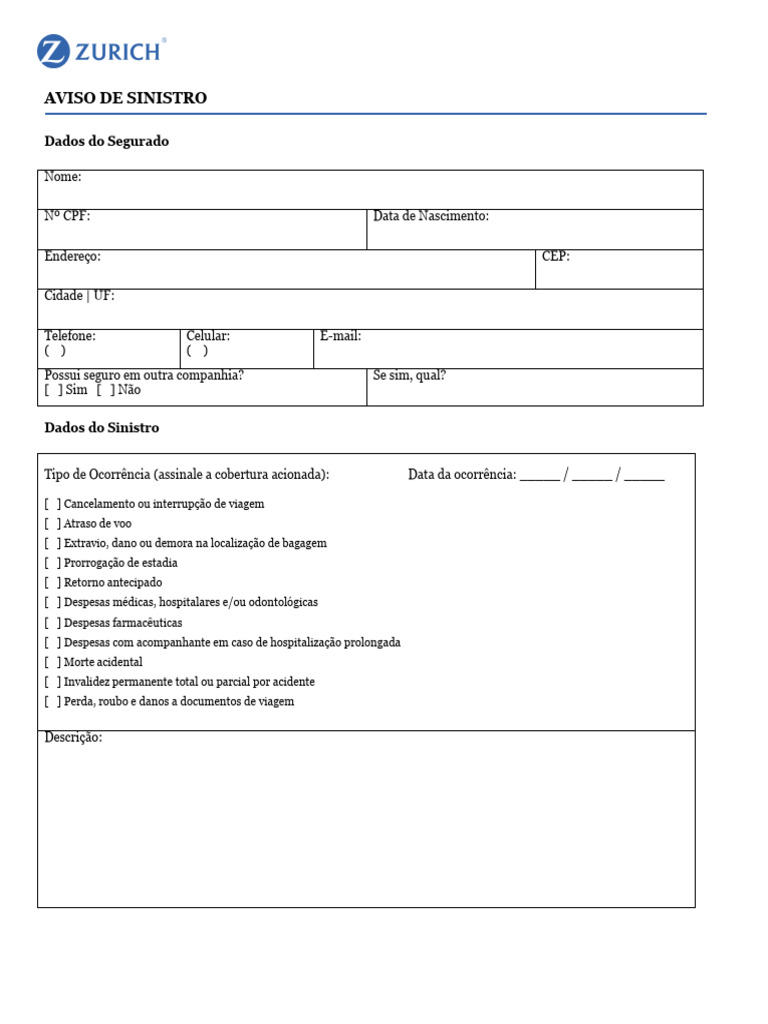 Formulario de Aviso de Sinistro 2024 | PDF