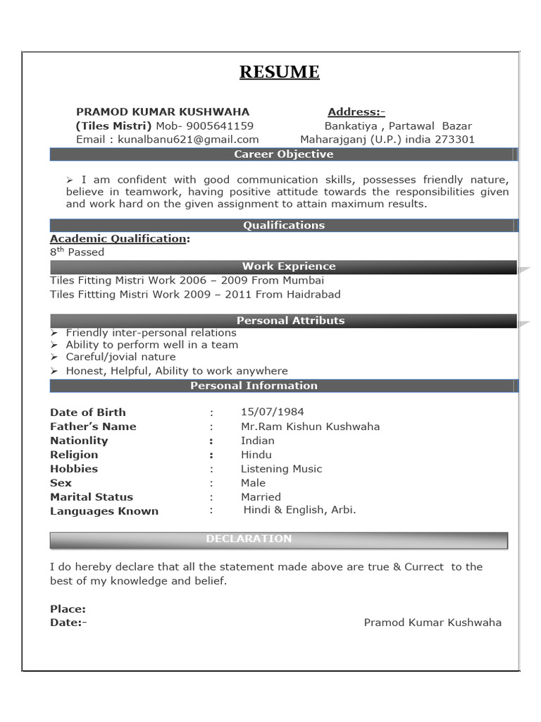 Resume: Pramod Kumar Kushwaha Address: - (Tiles Mistri) | PDF