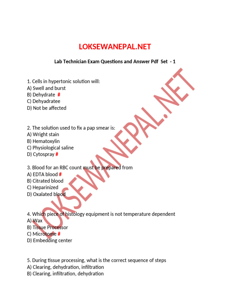 Lab Technician Exam Questions and Answer PDF - Set 1 | PDF | Medical ...