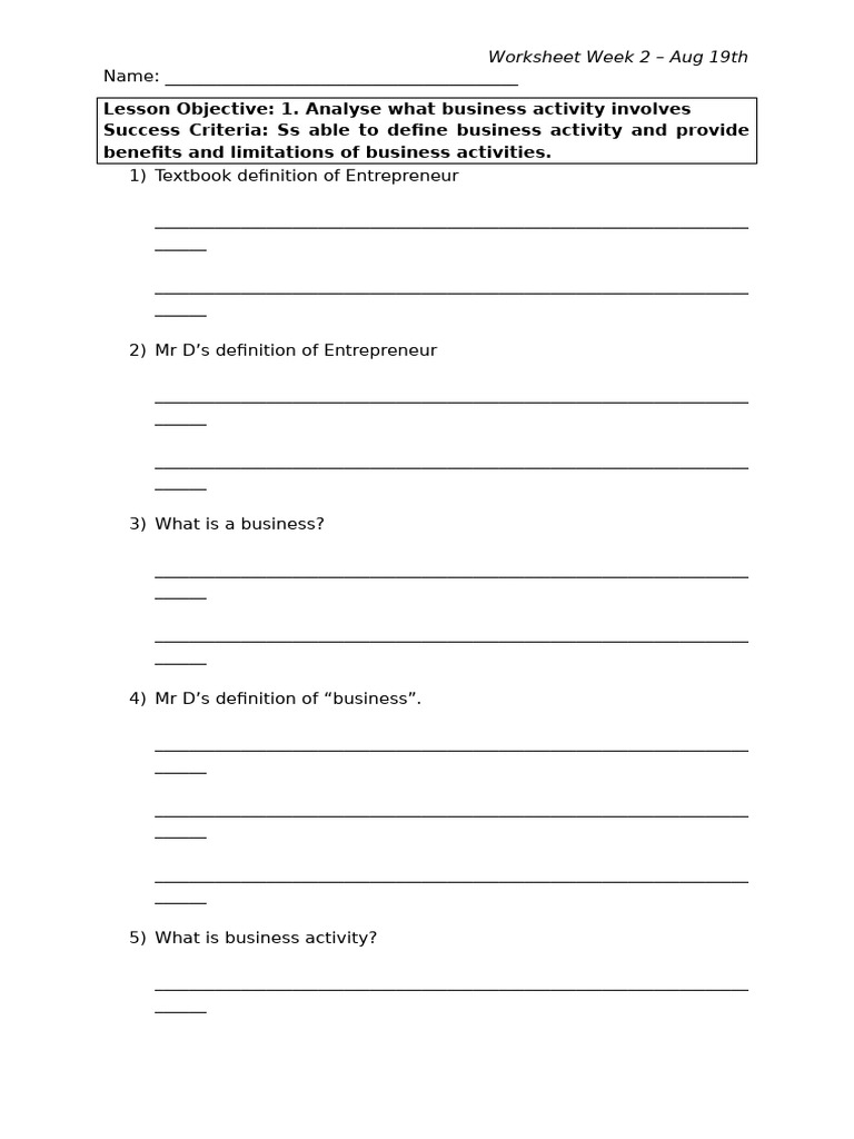 Worksheet AS Business Week 2 | PDF | Entrepreneurship | Economies