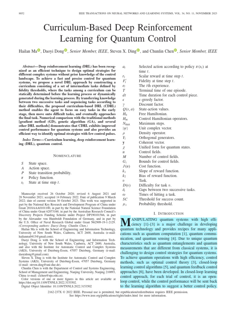 Curriculum-Based Deep Reinforcement Learning For Quantum Control | PDF | Theoretical Computer ...