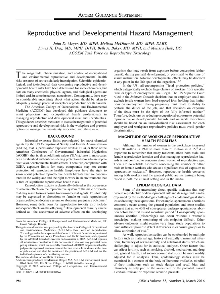 Reproductive and Developmental Hazard Management | PDF | Occupational ...