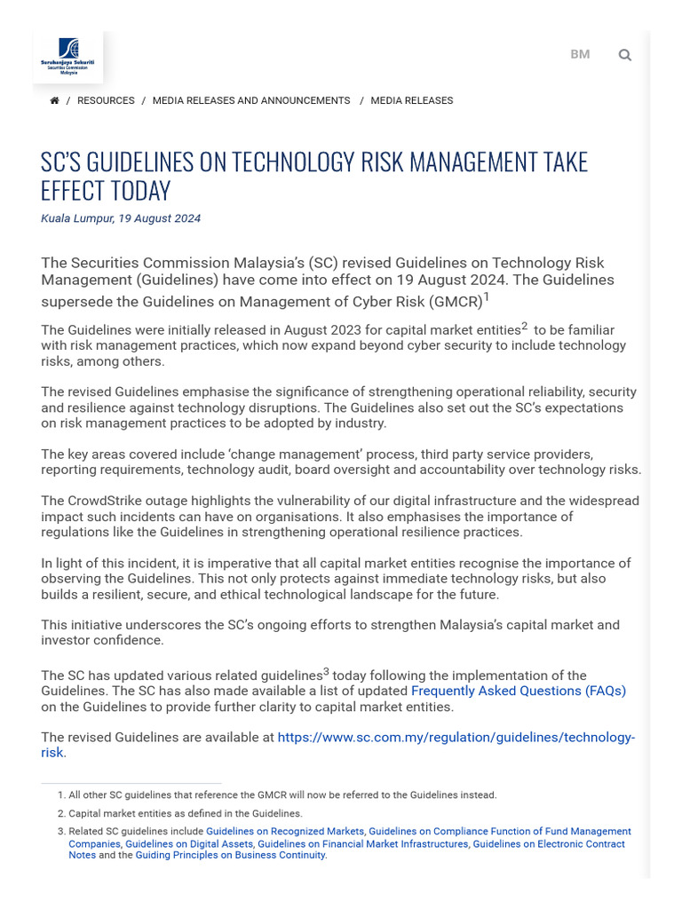 SC’s Guidelines on Technology Risk Management Take Effect Today | PDF ...